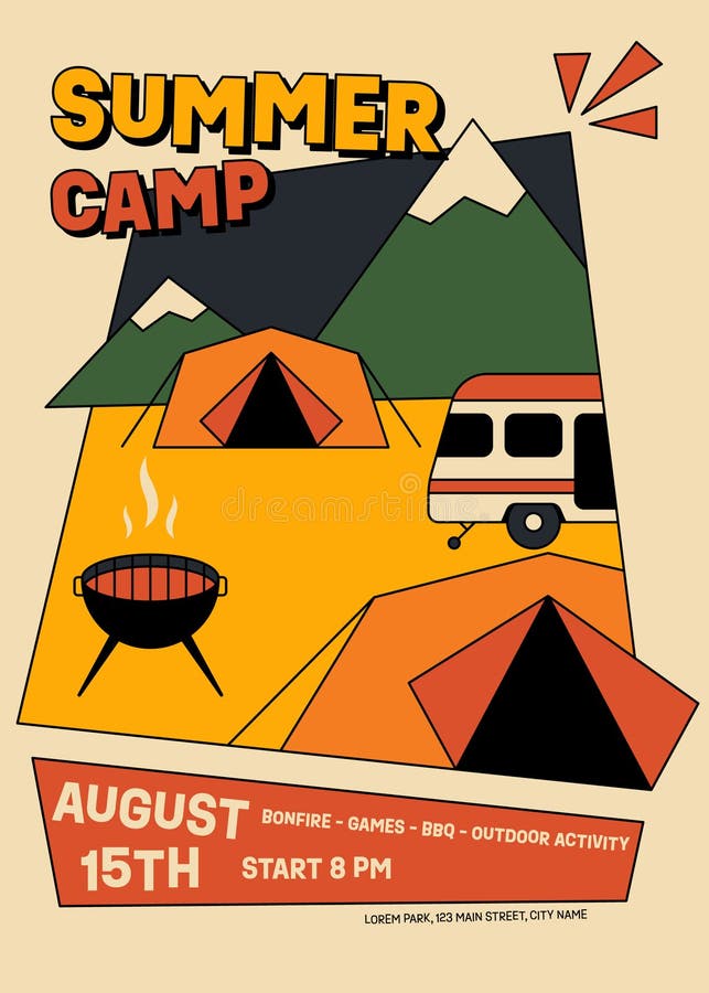 Summer Camping Poster Template Design with Camping Element Flat Design ...