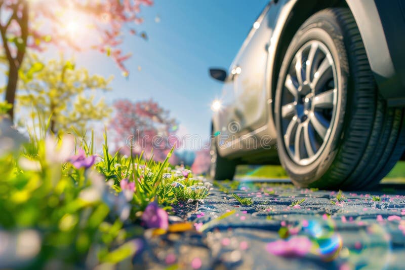 Summer Car Tires in the Blooming Spring in the Sun, Time for Summer ...