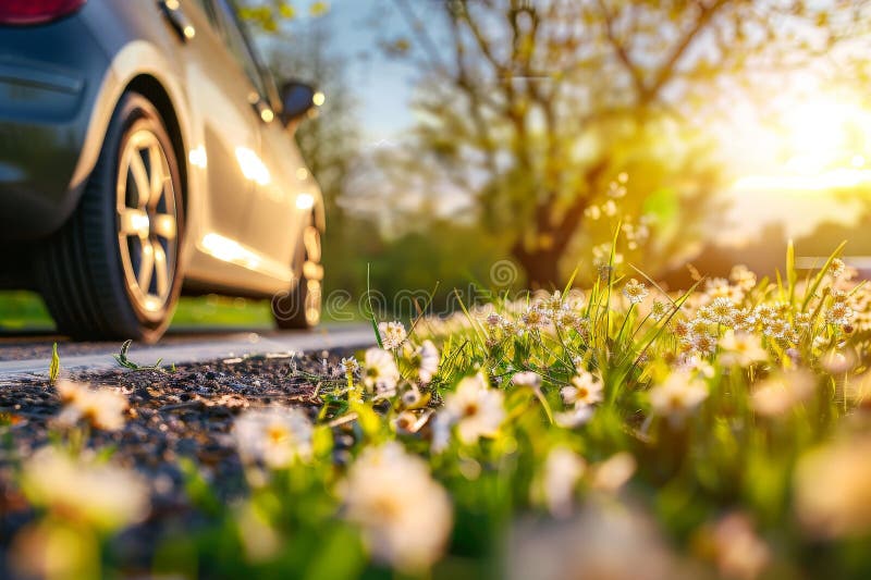 Summer Car Tires in the Blooming Spring in the Sun, Time for Summer ...