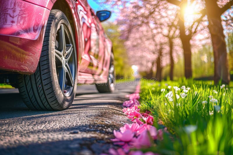 Summer Car Tires in the Blooming Spring in the Sun, Time for Summer ...