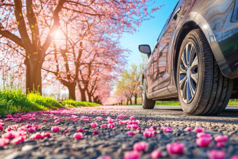Summer Car Tires in the Blooming Spring in the Sun, Time for Summer ...