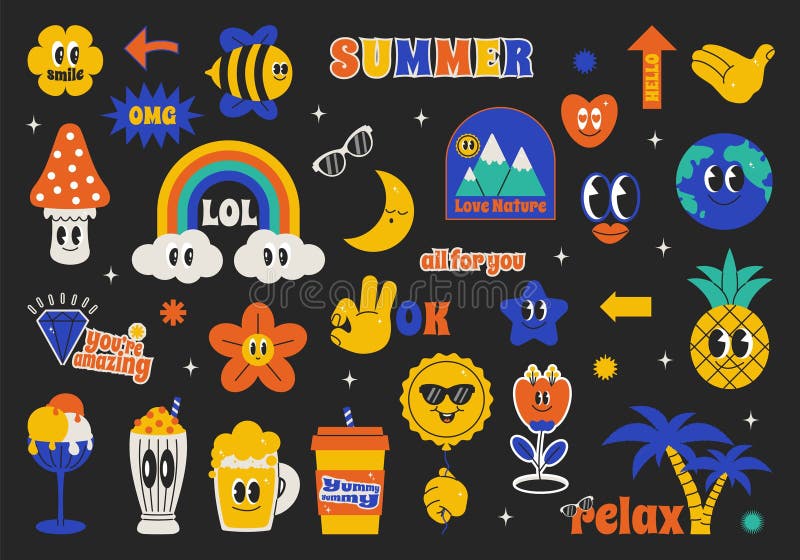 Summer Character Chat in Retro Groovy Mood. Bundle Avatars with Cool ...