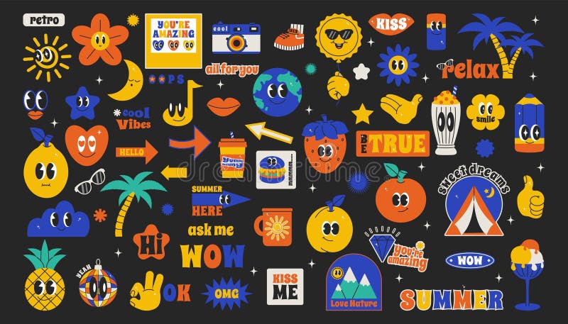 Summer Character Chat in Retro Groovy Mood. Bundle Emblem and Sticker ...