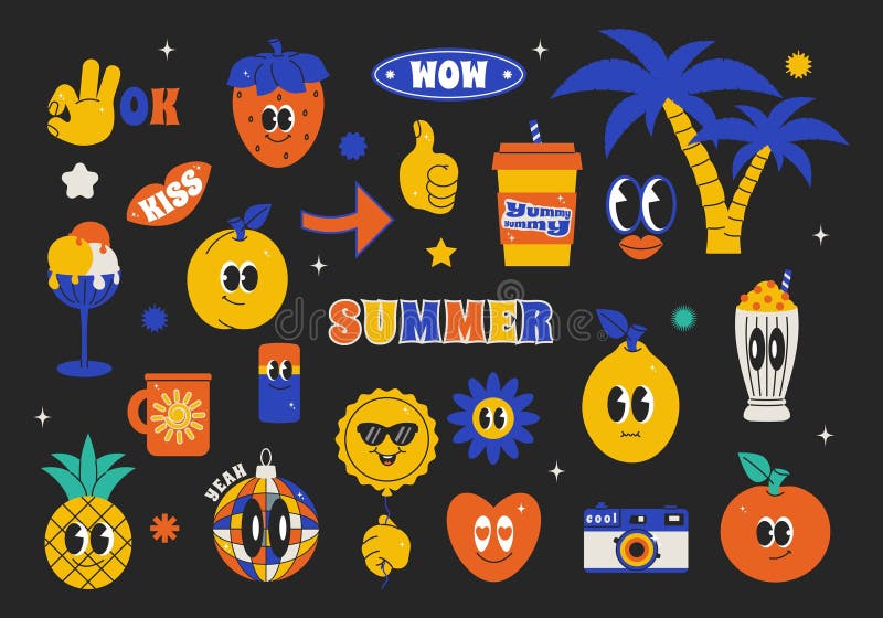 Summer Character Chat in Retro Groovy Mood. Bundle Label and Icon with ...