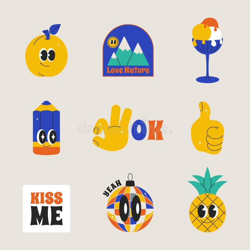 Summer Character Chat Retro Groovy Mood. Bundle Patch, Pack with Cool ...