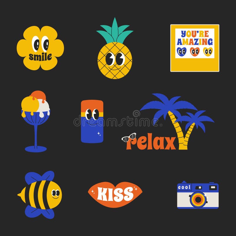 Summer Character Chat Retro Groovy Mood. Bundle Patch and Pack with ...