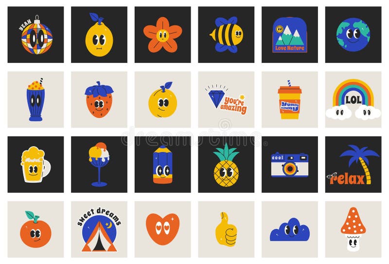 Summer Character Chat in Retro Groovy Mood. Bundle Sticker and Pack ...