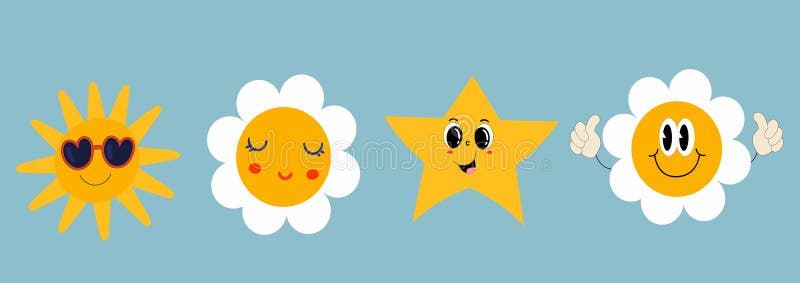 Cartoon Sun Star and Flower Characters with Cheerful Facial Expressions ...
