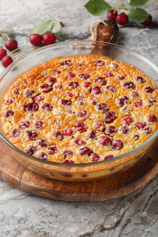 Summer Cherry Clafoutis Pie with Fresh Berries Close-up in Baking Dish ...