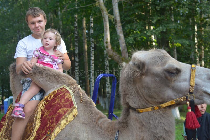 In the Summer, Children Ride a Camel in the Park. Stock Photo - Image ...
