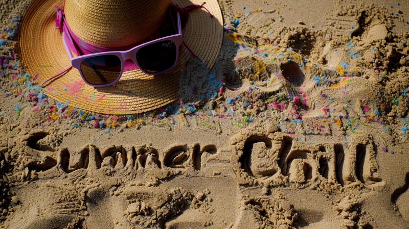 "Summer Chill" Written in the Sand with a Floppy Hat and. Stock ...