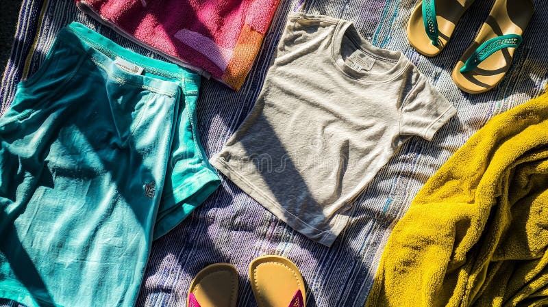 Summer Clothes and Accessories Laid Out on a Beach Towel Stock Image ...