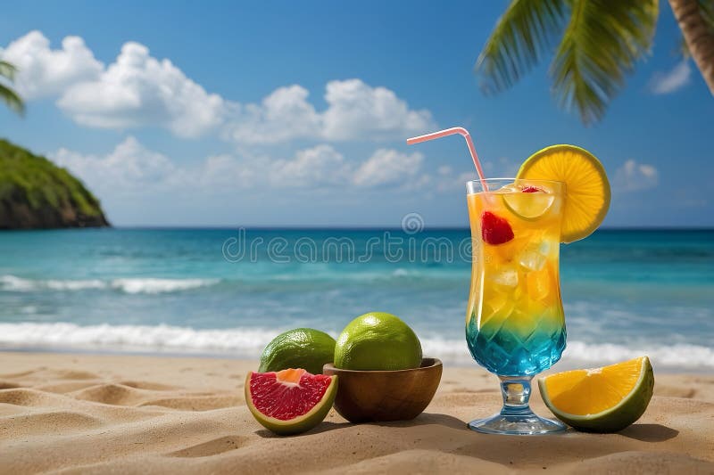 Summer Cocktail with Beach Background Stock Photo - Image of color ...