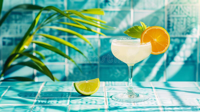 Summer Cocktail on Vibrant Blue Tiled Bar Stock Photo - Image of decor ...