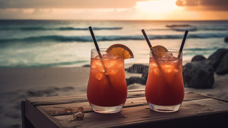 Summer Cocktails at Beach. Generative AI Stock Illustration ...