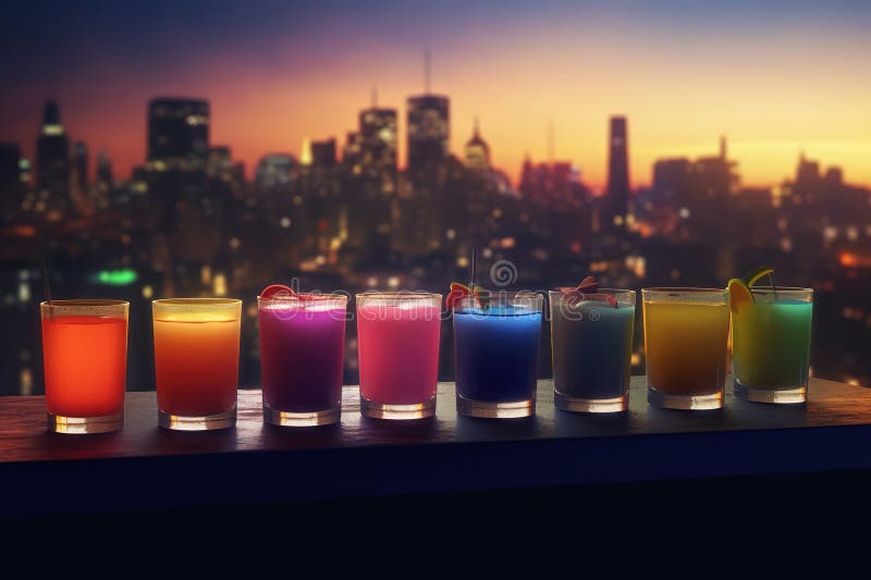 Summer Cocktails at Rooftop Bar Overlooking City Skyline. Generative AI ...