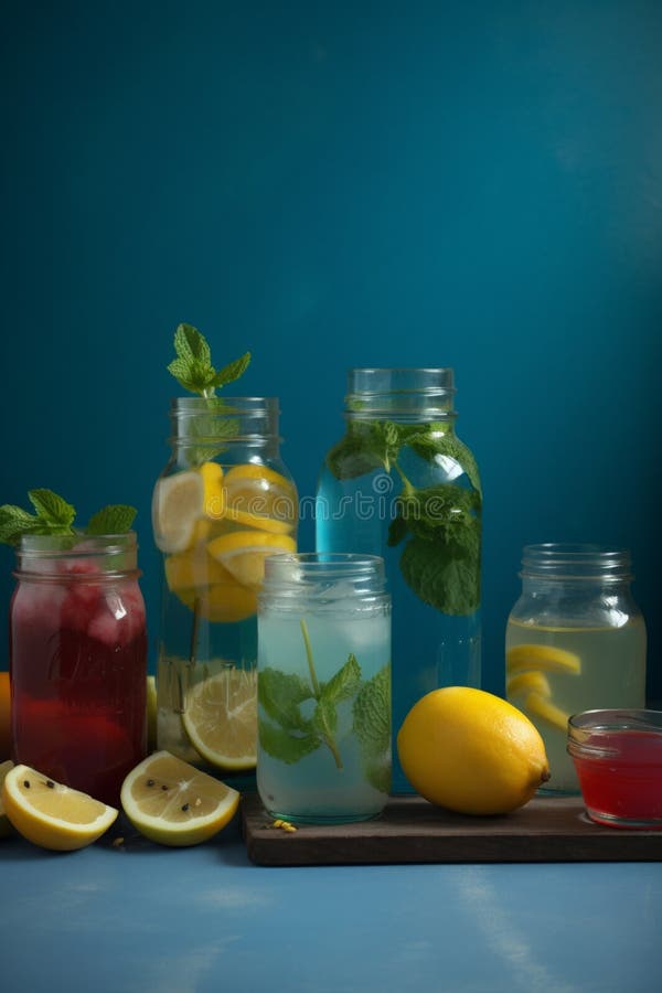 Summer Cold Different Lemonade in Glass Jars, from Lemon, Mint, Against ...