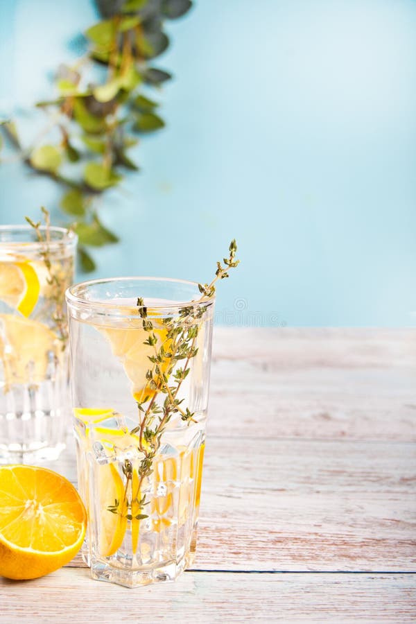 Summer Cold Fresh Lemonade with Herb Thyme and Lemon Stock Image ...