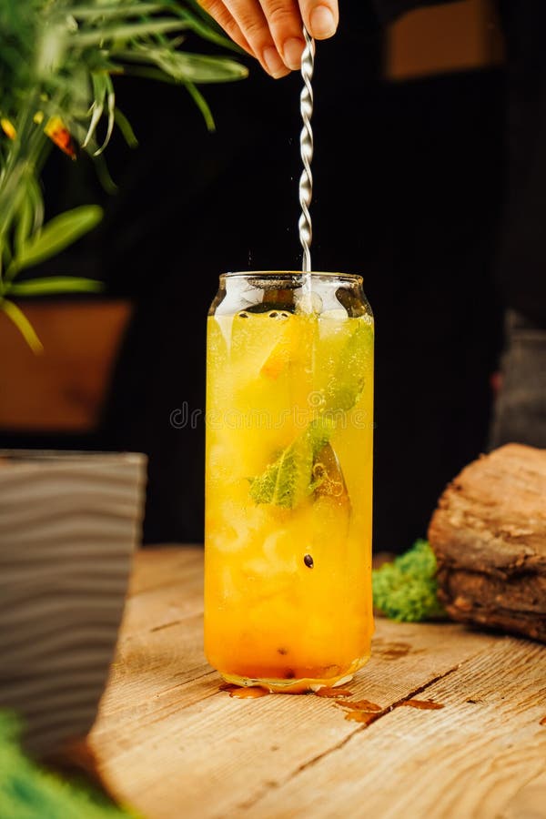 Summer Cold Mango Passion Fruit Lemonade Decorated Fresh Mint. Stock ...
