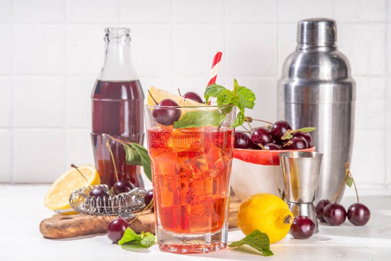 Summer Cold Refreshment Cocktail with Cola Cherry Juice Stock Photo ...