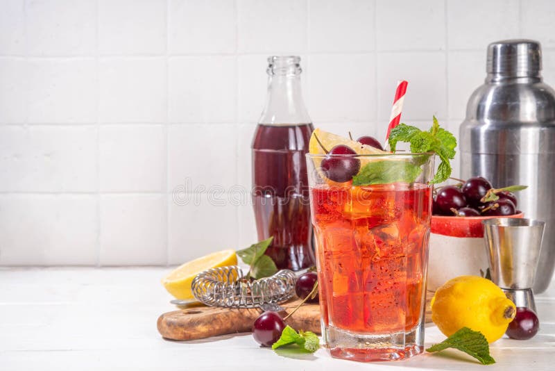 Summer Cold Refreshment Cocktail with Cola Cherry Juice Stock Photo ...