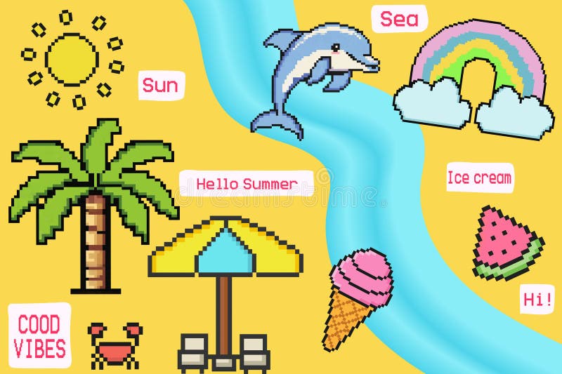 Summer Collage Pixel Art. Summer Vacation Icons in Pixel Art Design ...