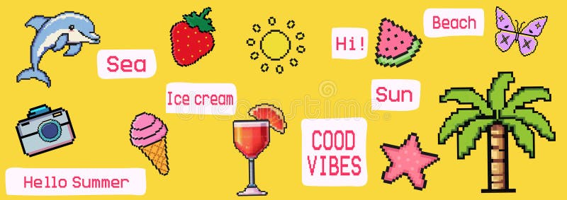 Summer Collage Pixel Art. Summer Vacation Icons in Pixel Art Design ...
