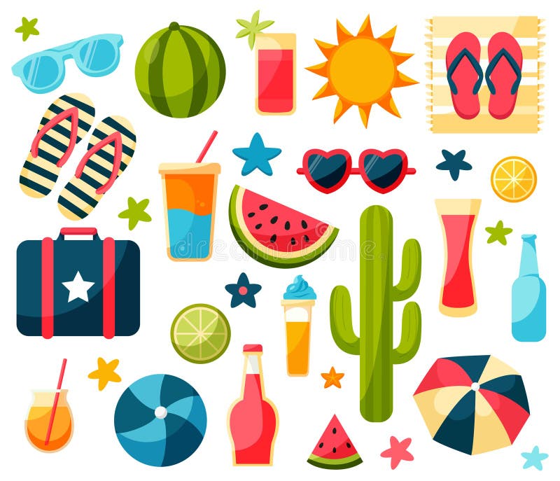 Summer Collection of Cartoon Hand Drawn Beach Elements. Tropical ...