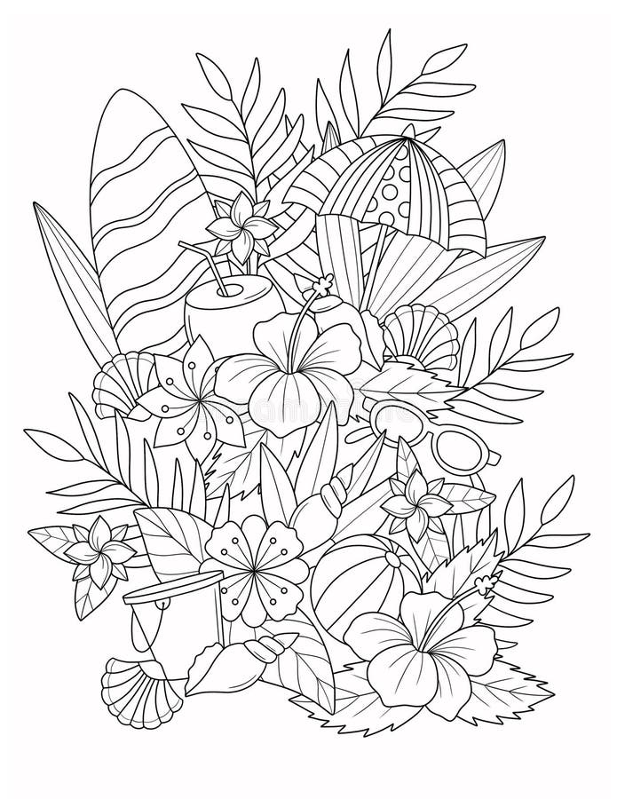 Summer Coloring Page for Adult Stock Illustration - Illustration of ...