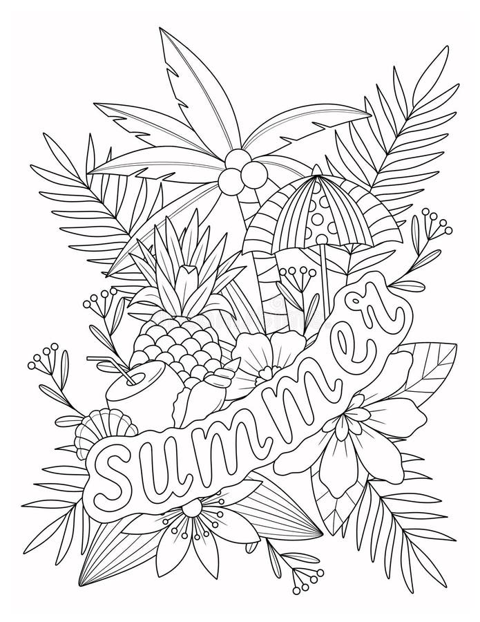 Summer Coloring Page for Adult Stock Illustration - Illustration of ...