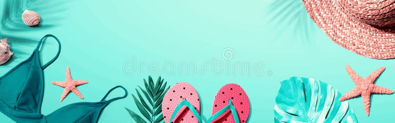 Summer Concept with Straw Hat and Swimwear Stock Photo - Image of straw ...
