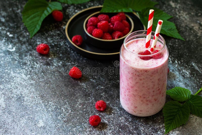 Summer Cool Milkshake. Raspberry Protein Shake in Glass Stock Photo ...