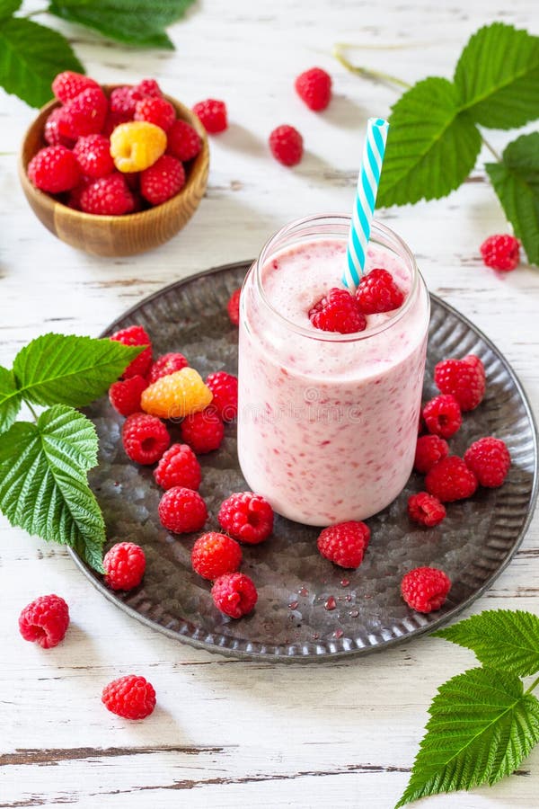 Summer Cool Milkshake. Raspberry Protein Shake in Glass and Fresh ...