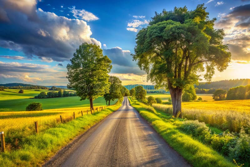 Summer Countryside Road stock illustration. Illustration of green ...