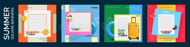 Summer Creative Square Banner Bundle with Summer Elements Illustration ...