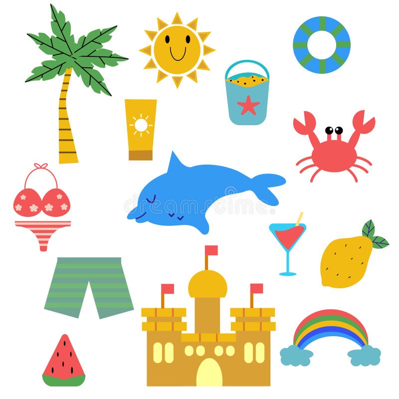 Summer Cute Element Illustration Fish Bikini Crab Sun Watermelon Lemon ...