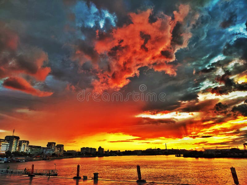 Summer Dawn Over Danube Port of Tulcea Stock Photo - Image of horizon ...