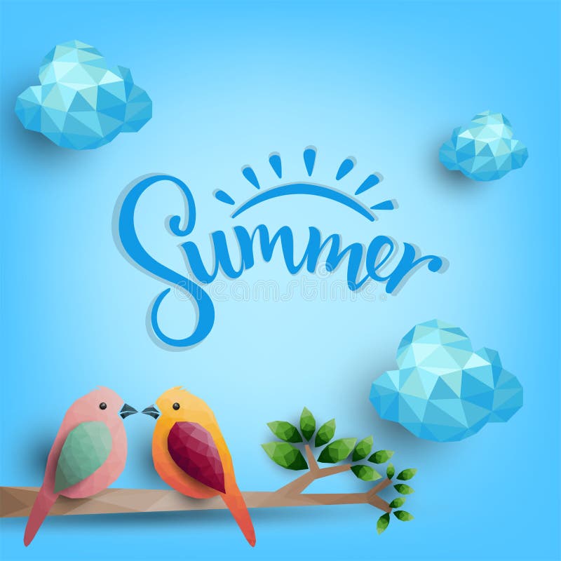 Summer Day, Birds on Branch from Polygonal Shapes, Vector Illustration ...