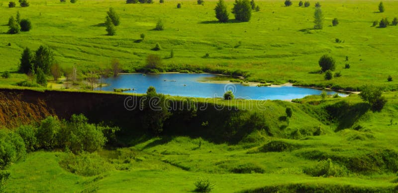 Summer Day. Blue Lake on Green Plains and Hills Stock Image - Image of ...