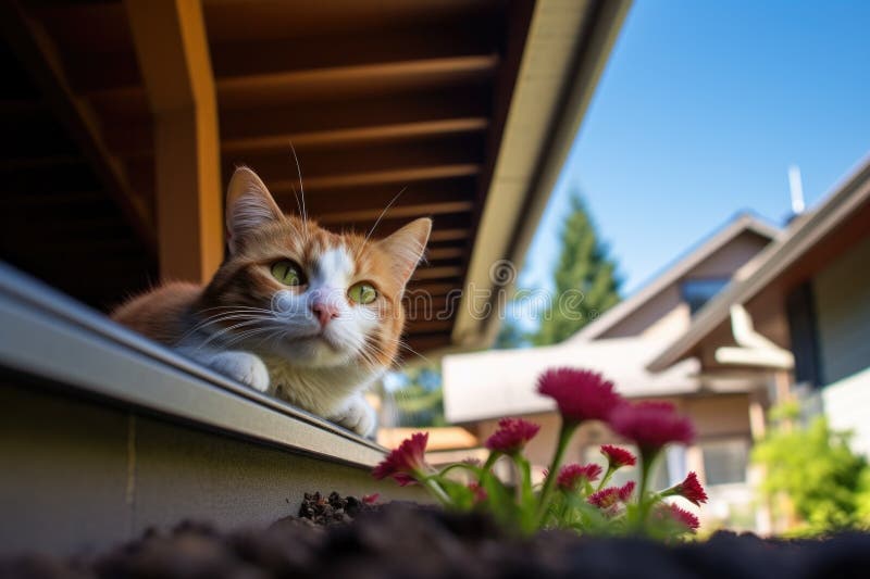Summer Day, Craftsman House, Cat Under Eaves Stock Photo - Image of ...
