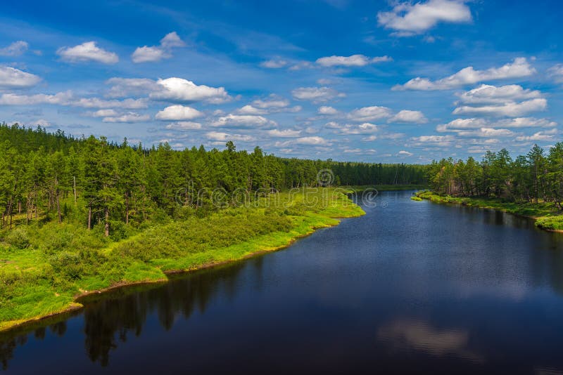 Summer Day Landscape with River, Forest, Clouds on the Blue Sky and Sun ...