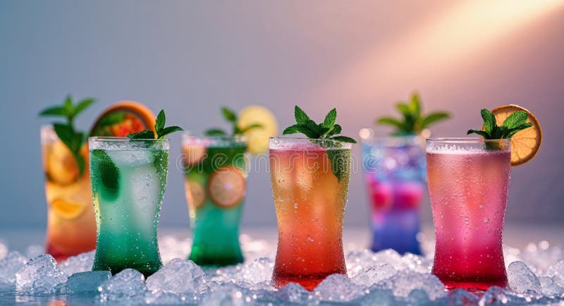 Summer Delight Colorful Drinks on Ice in Soft Glow Stock Photo - Image ...