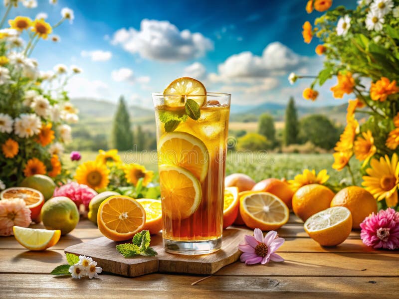 Summer Delights a Panoramic View of Refreshing Iced Tea Fresh Fruit and ...