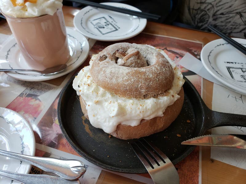 Cream bun with milk tea stock image. Image of summer - 123534809