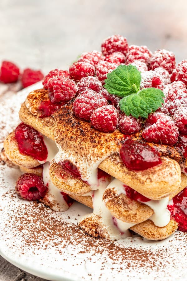 Summer Dessert, Classic Tiramisu with Raspberry Decorated with Mint ...