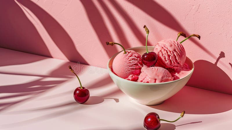 Summer Dessert Consisting of Cherry Ice Cream with Cherry Syrup on a ...
