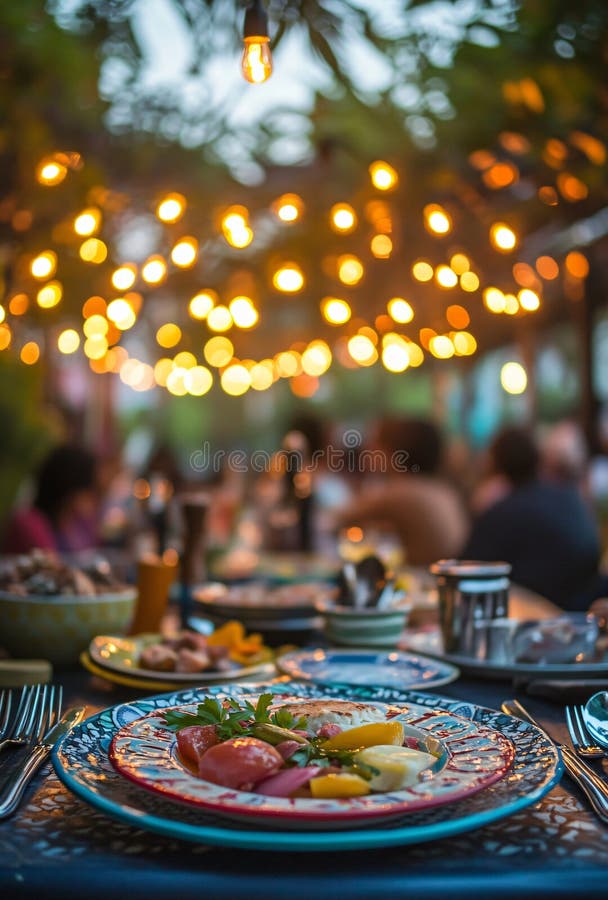 Summer Dinner Party with Colorful Dinnerware and String Lights Stock ...