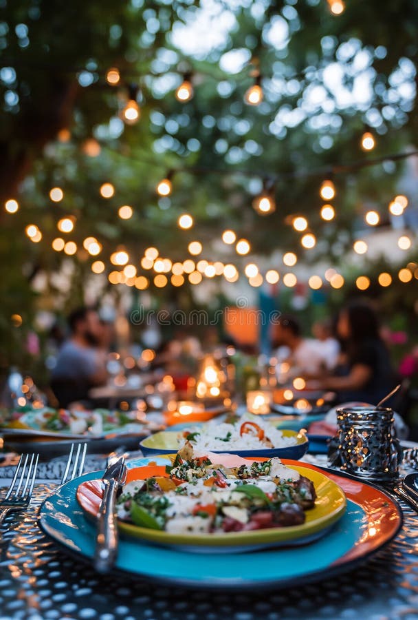 Summer Dinner Party with String Lights Stock Illustration ...