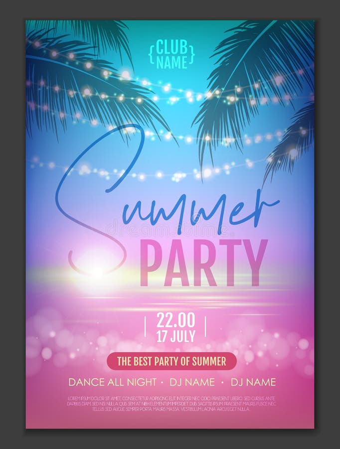 Summer Disco Party Poster with Tropic Leaves and String of Lights ...