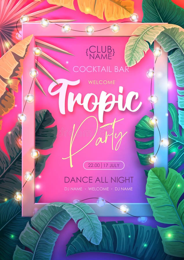 Summer Disco Party Poster with Tropic Leaves and String of Lights ...